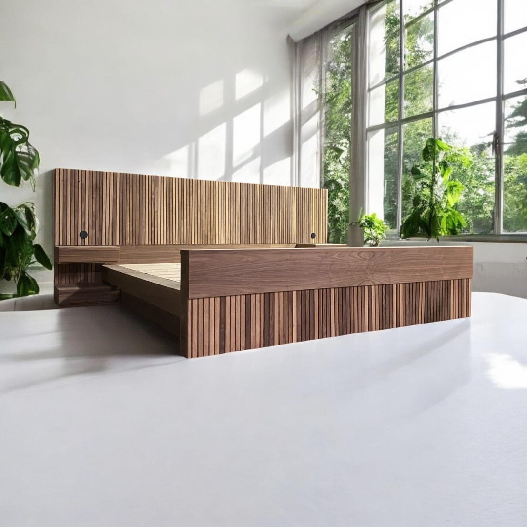Handmade Fluted Walnut Bed Frame: Mid-century Modern Platform Bed - Etsy