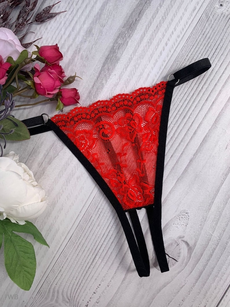 Panties Luxury Micro V String Red Lace See Through Crotchless Thong Mesh Lace Sheer Lingerie 