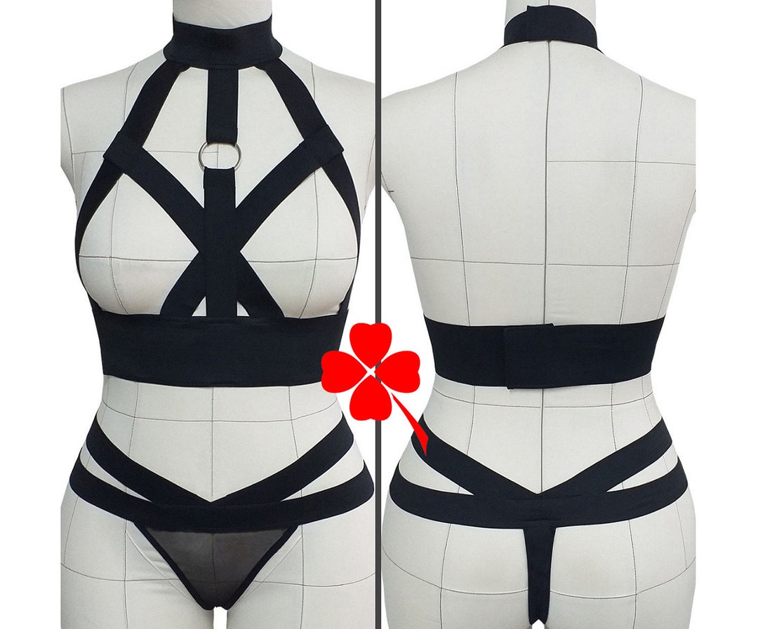 Plus Size See Through Body Harness Seductive Lingerie Bondage Outfit Thong Underwear Stretch