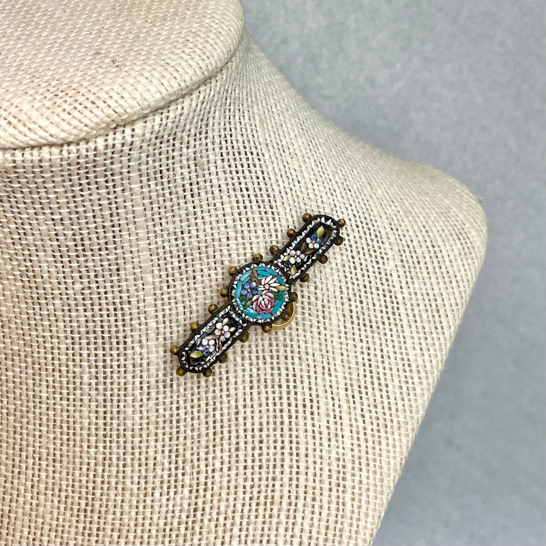 Antique Micro Mosaic Long Mini Brooch, Gold Tone Tiny Pink White Blue ...
