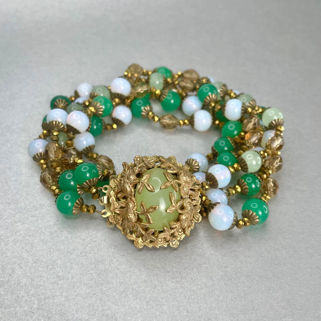 Vintage Miriam Haskell Green Bracelet, Gold Tone Multi Strand Jade ...