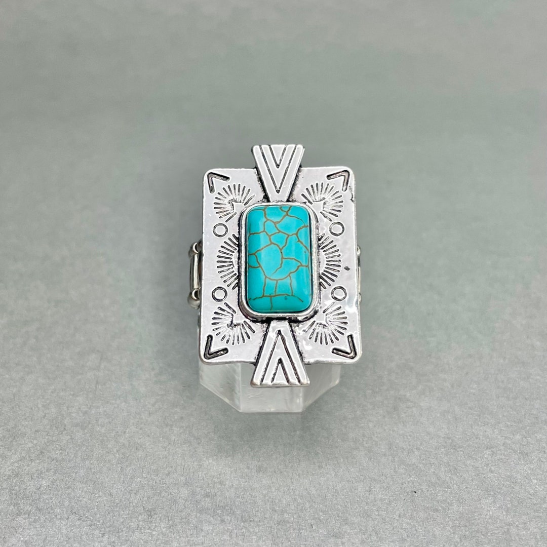 Vintage Turquoise Rhinestones Indian Style Ring, Silver Tone Rectangle ...