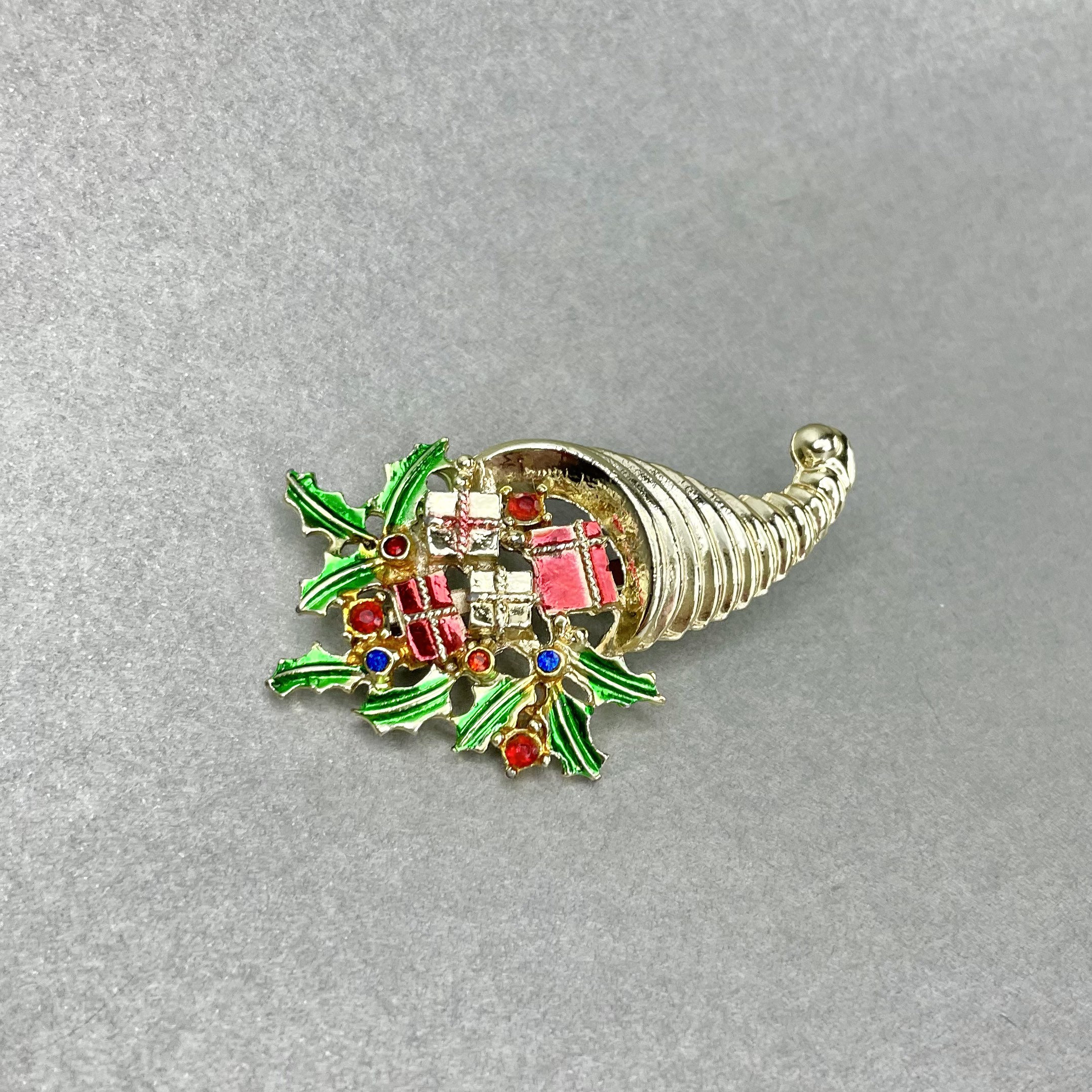 Vintage B.J. Christmas Horn of Abundance Brooch: Enamel Rhinestone ...