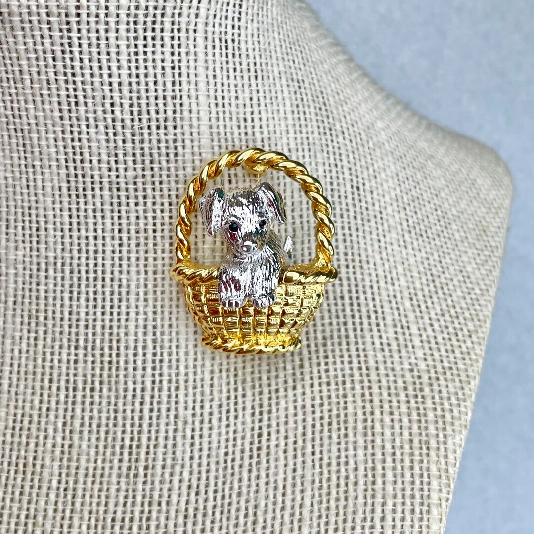 Vintage JOAN RIVERS Dog in Basket Brooch, Gold and Silver Tone Puppy ...