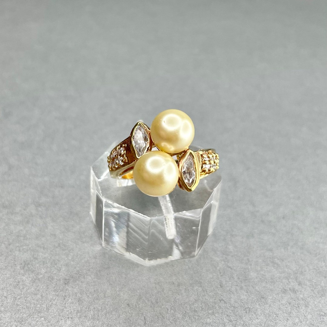 Vintage Two Pearls Ring, Gold Tone Clear Marquise and Round Rhinestones ...