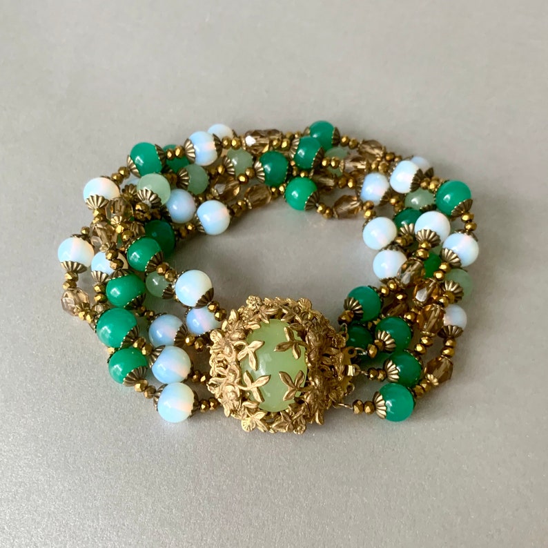 Vintage Miriam Haskell Green Bracelet Gold tone Multi Strand | Etsy