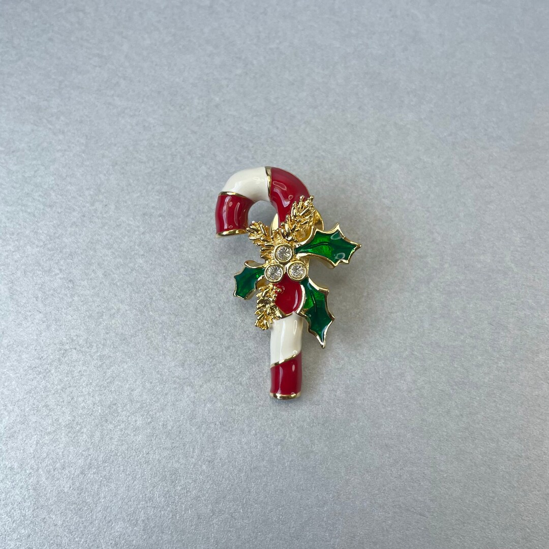 Vintage Christmas Candy Cane Pin, Gold Tone Red White Holly Plant ...