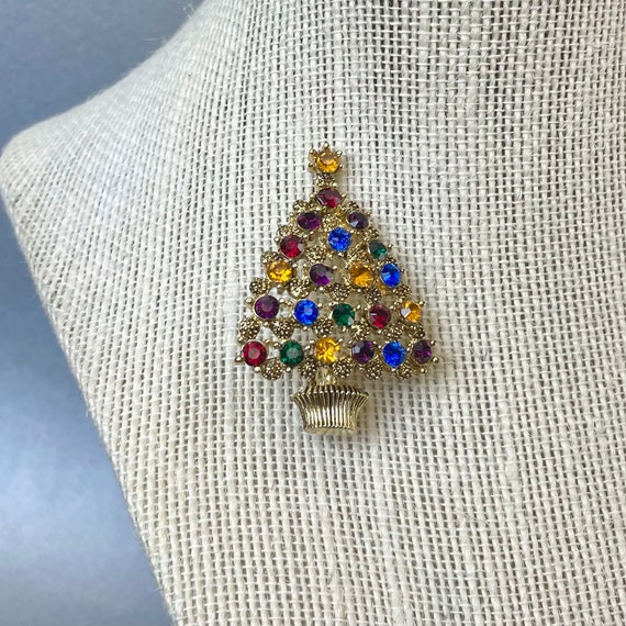 Vintage Christmas Tree Brooch Gold Tone Red Green Blue Yellow | Etsy