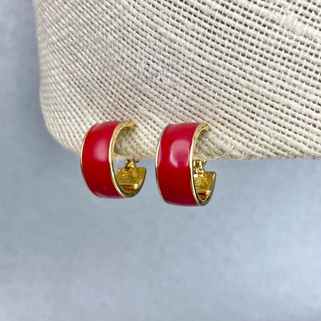 Vintage Monet Red Hoop Earrings, Gold Tone Red Enamel Hoop Clip on ...