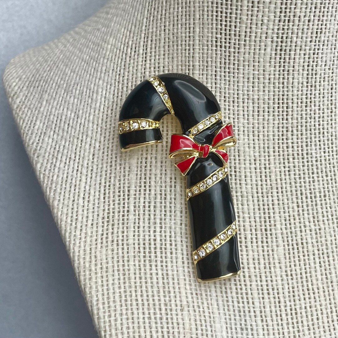Vintage NLH Christmas Candy Cane Pin, ton or noir émail clair strass ...