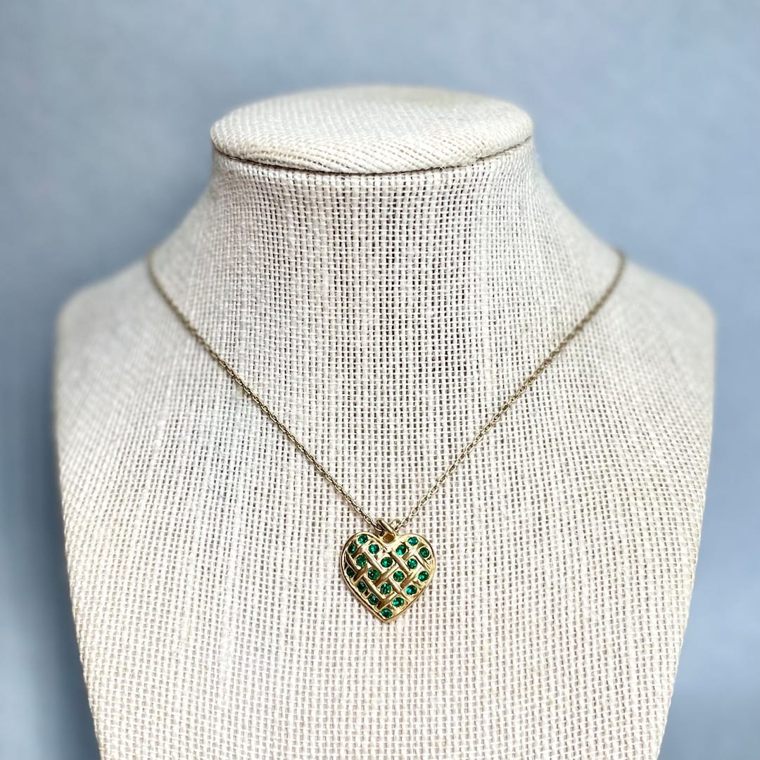 Vintage Avon Heart Pendant on Chain, Gold Tone Green Rhinestones Heart ...
