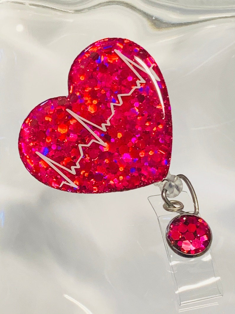 Heart Shaped Badge Reel Heartbeat, Pink Glitter, Retractable Swivel ...