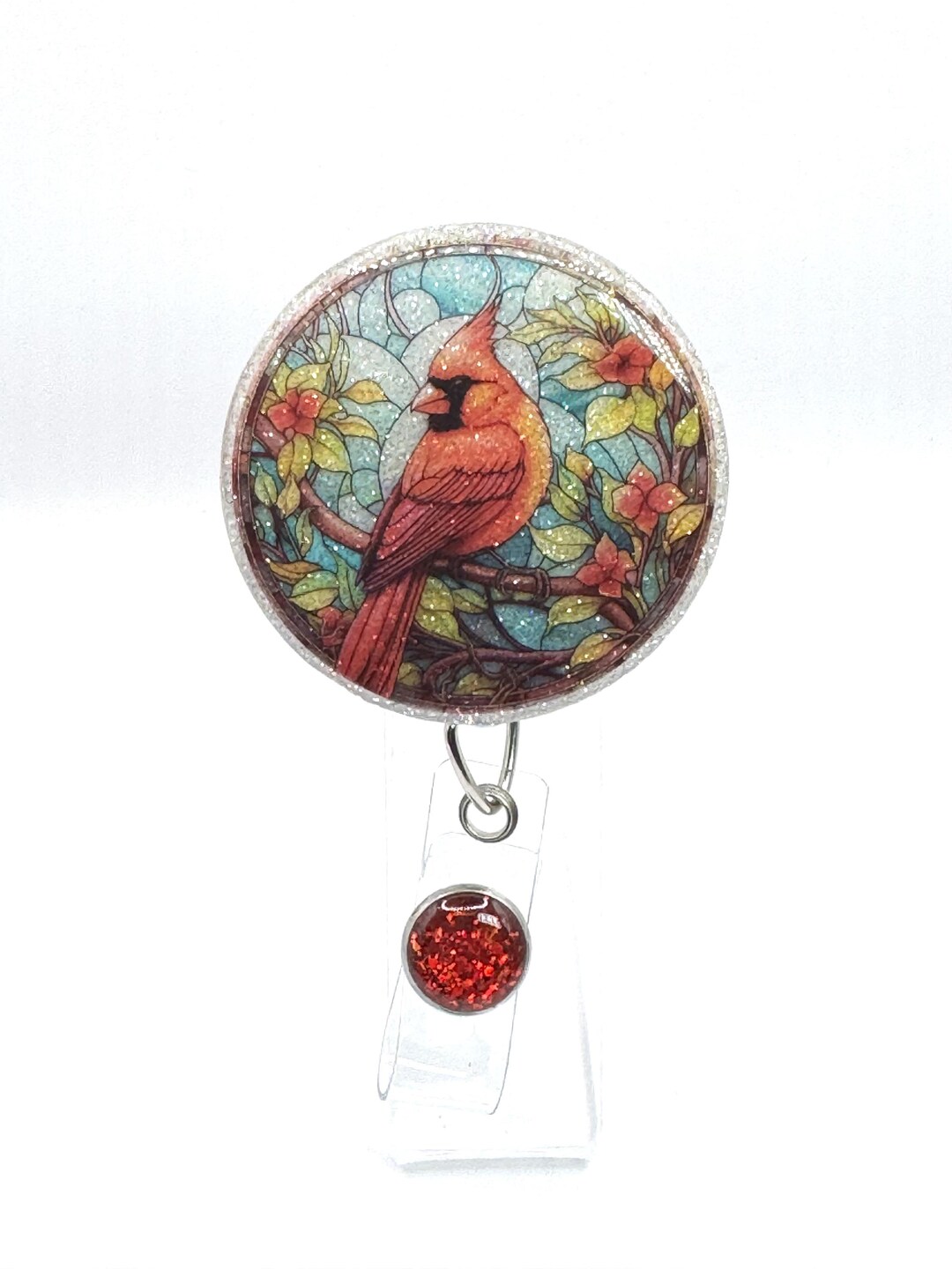 Cardinal Badge Reel, 2”, Stained Glass Design, Retractable Swivel ...