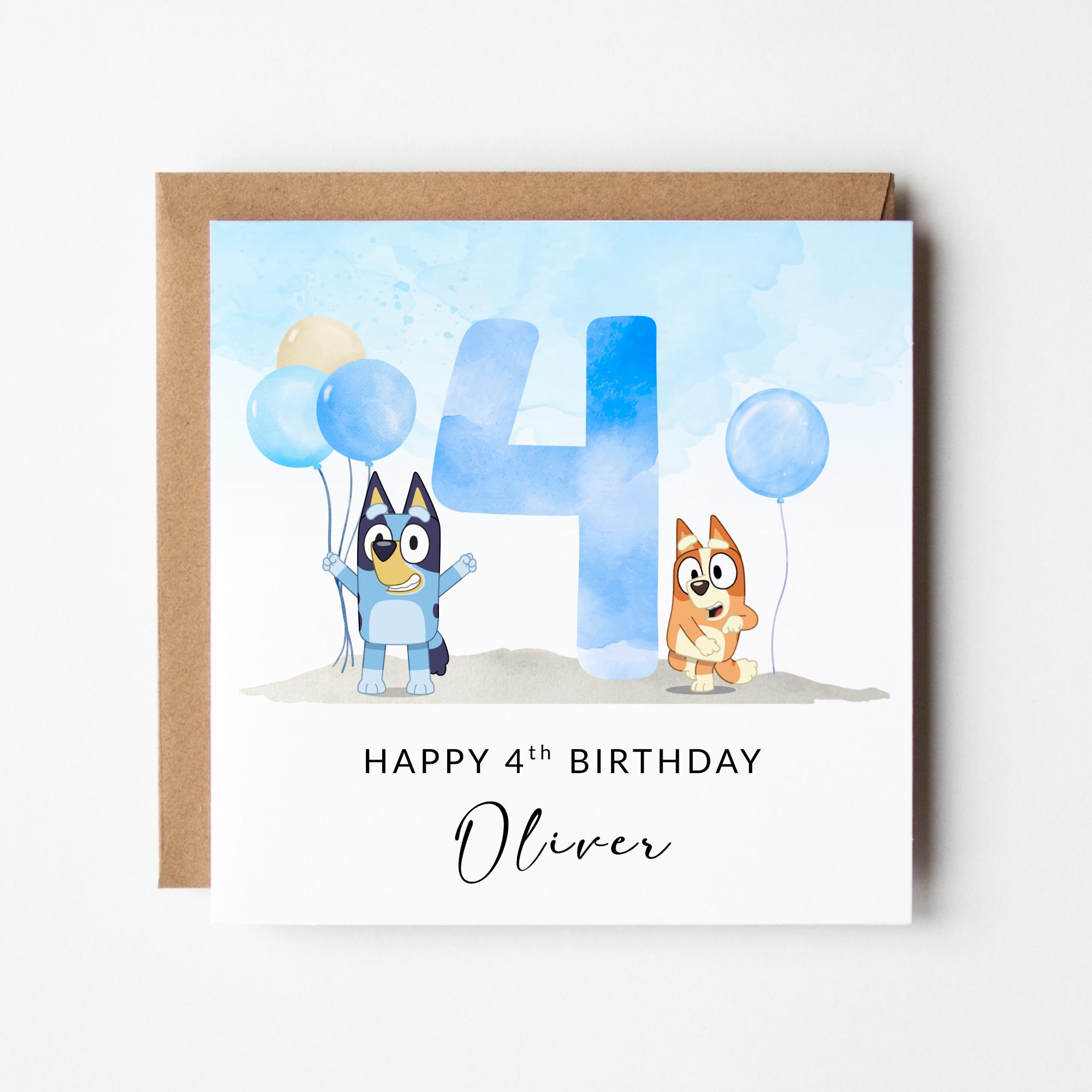 Bluey 4th Birthday Card for Boy, Personalised Bluey Birthday Card ...