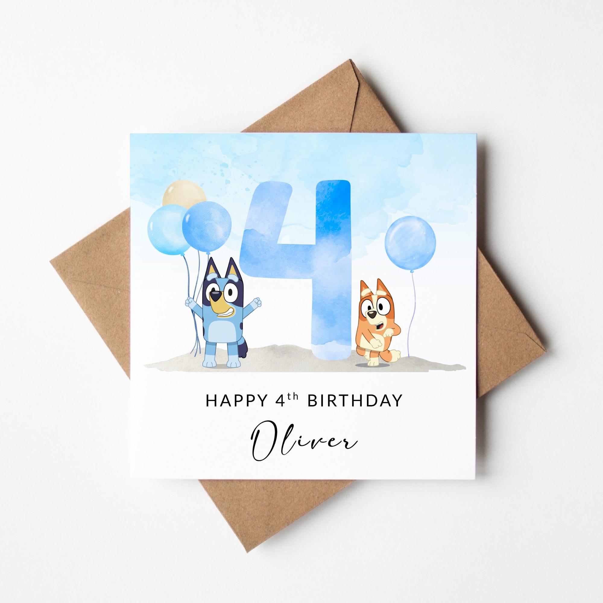 Bluey 4th Birthday Card for Boy, Personalised Bluey Birthday Card ...