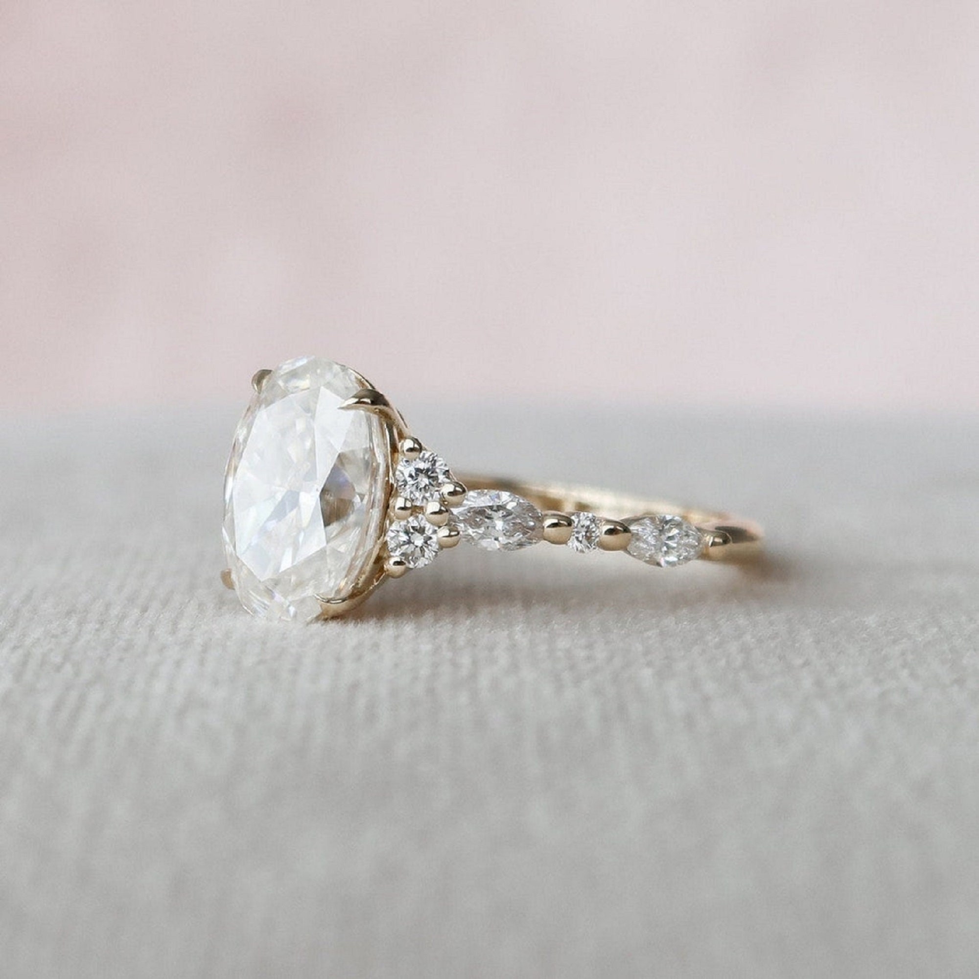 Oval Moissanite Ring Cluster Moissanite Unique Engagement Ring White 1. ...