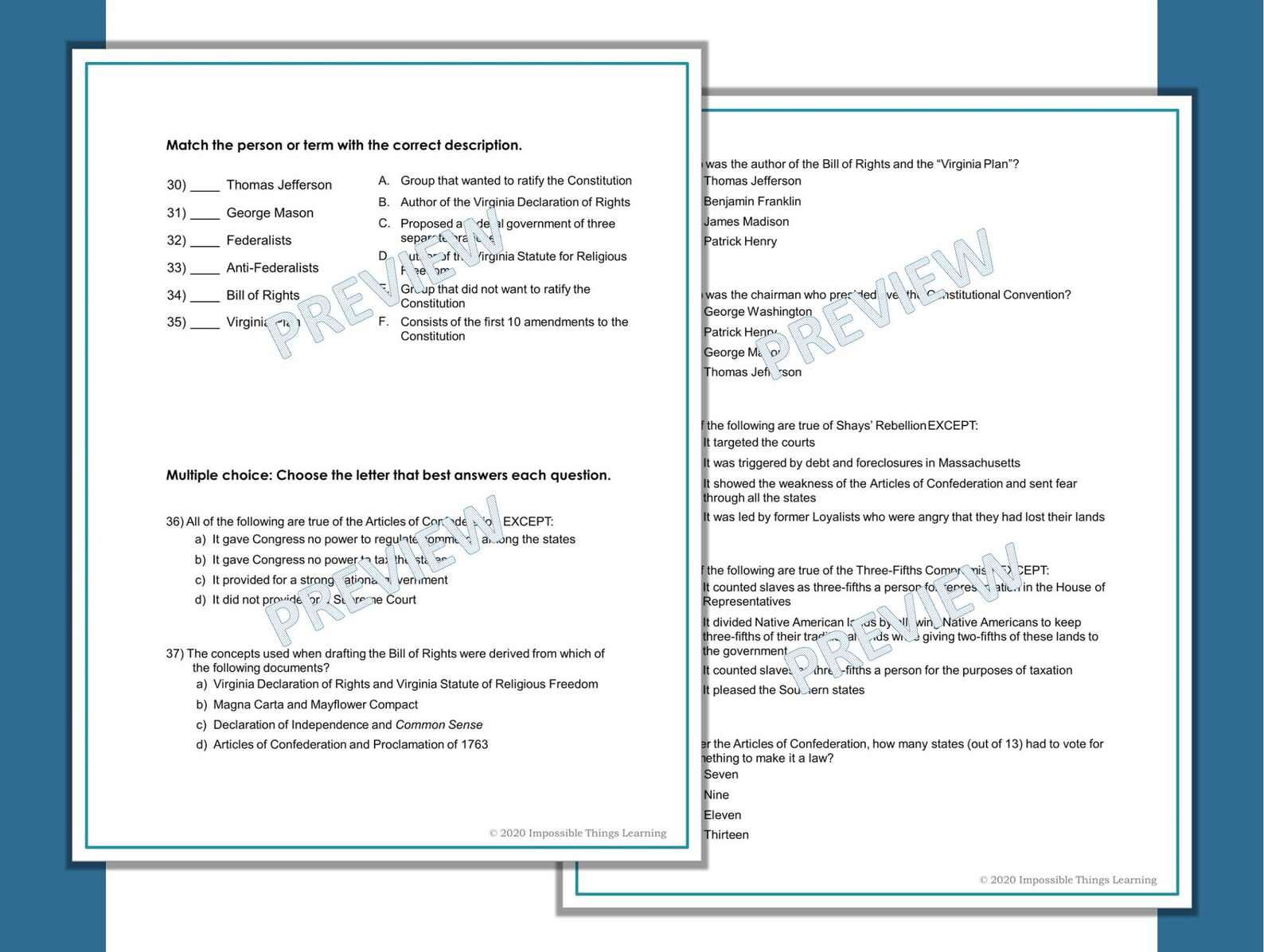 U.S. History Constitution Test, Fully Editable US History Test, Social ...