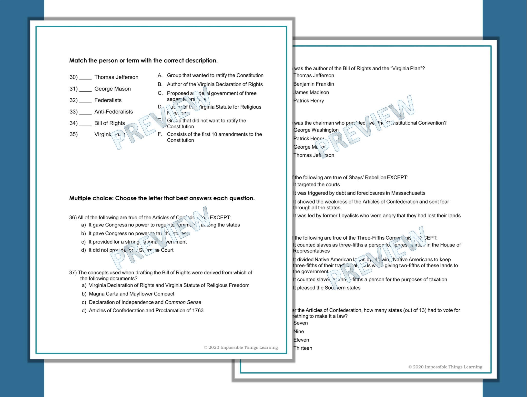 U.S. History Constitution Test: Fully Editable Assessment With Study ...