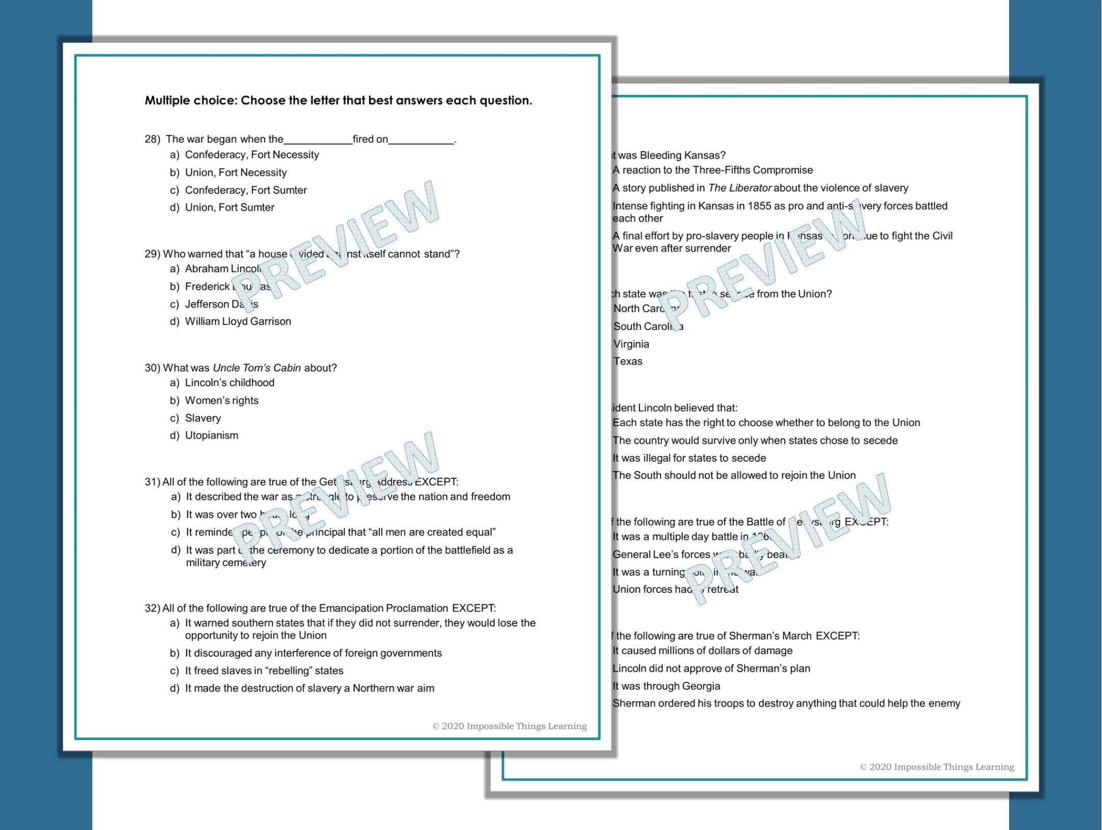 U.S. History Civil War Test, Editable US History Test, American Civil ...