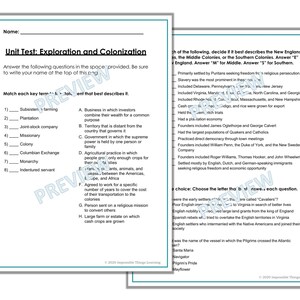 Colonial America Test: US History Unit 1, Editable With Study Guide ...