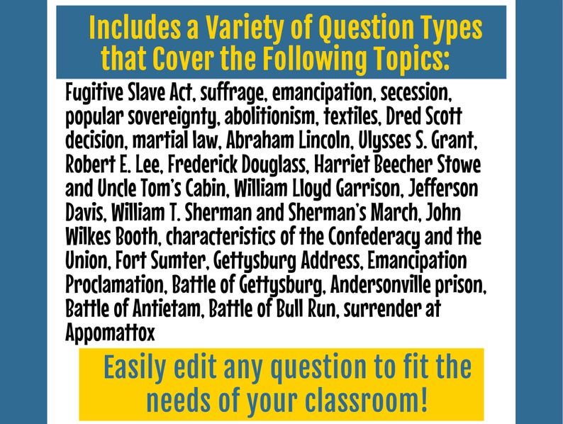 U.S. History Civil War Test, Editable US History Test, American Civil ...