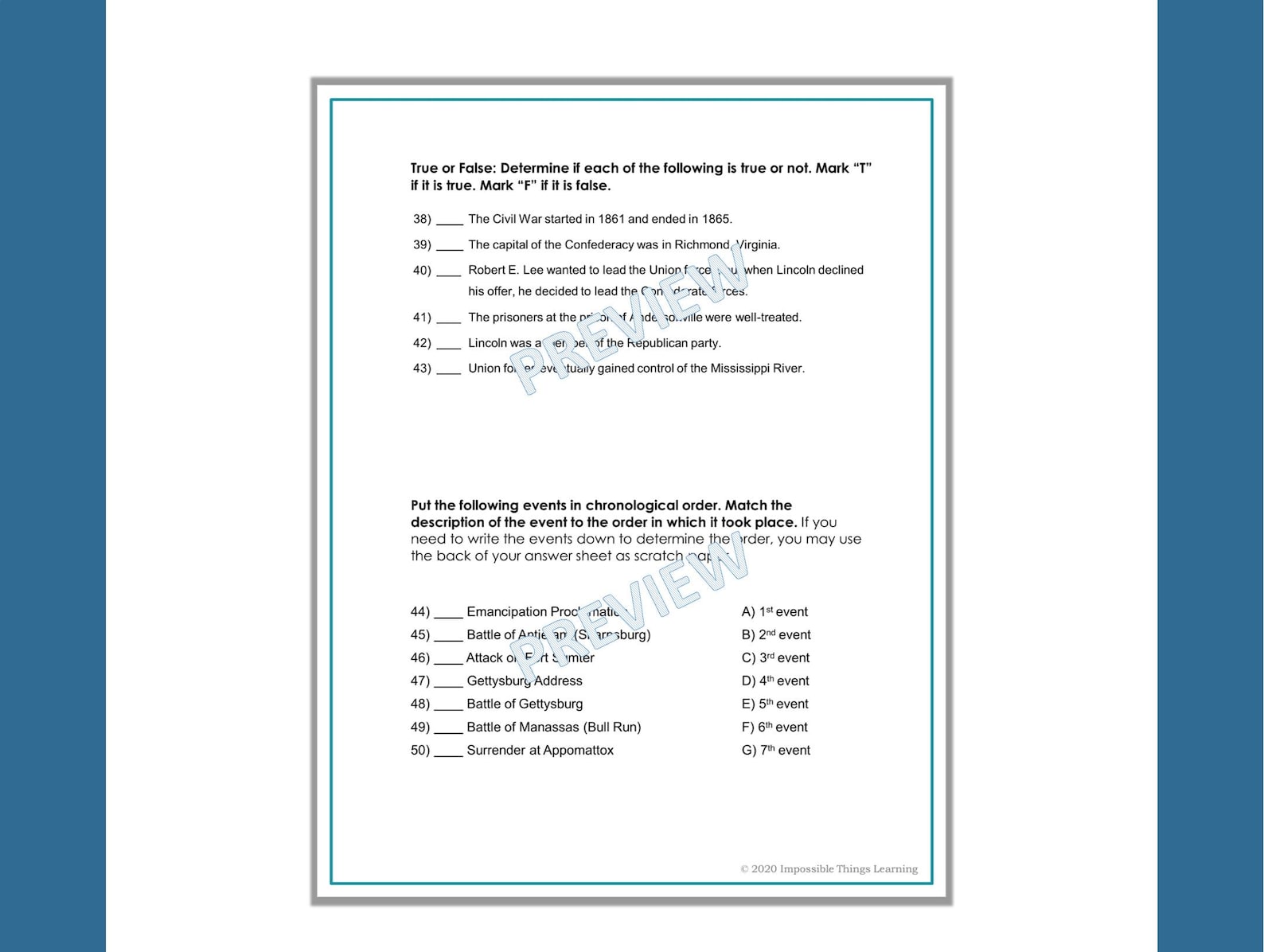 U.S. History Civil War Test, Editable US History Test, American Civil ...