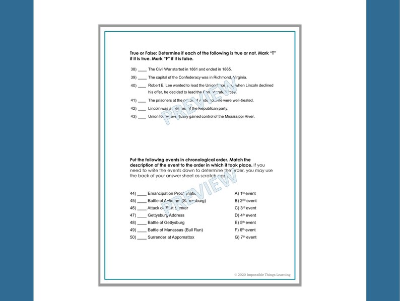 U.S. History Civil War Test, Editable US History Test, American Civil ...