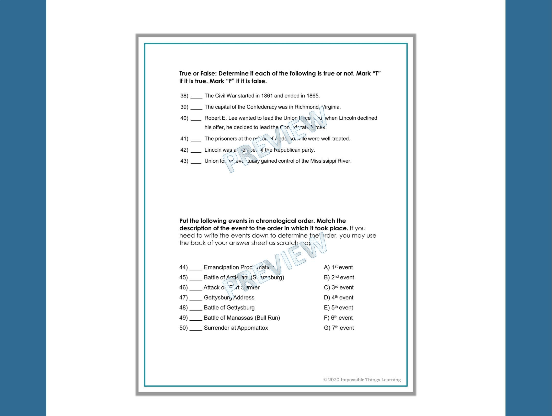 U.S. History Civil War Test, Editable US History Test, American Civil ...