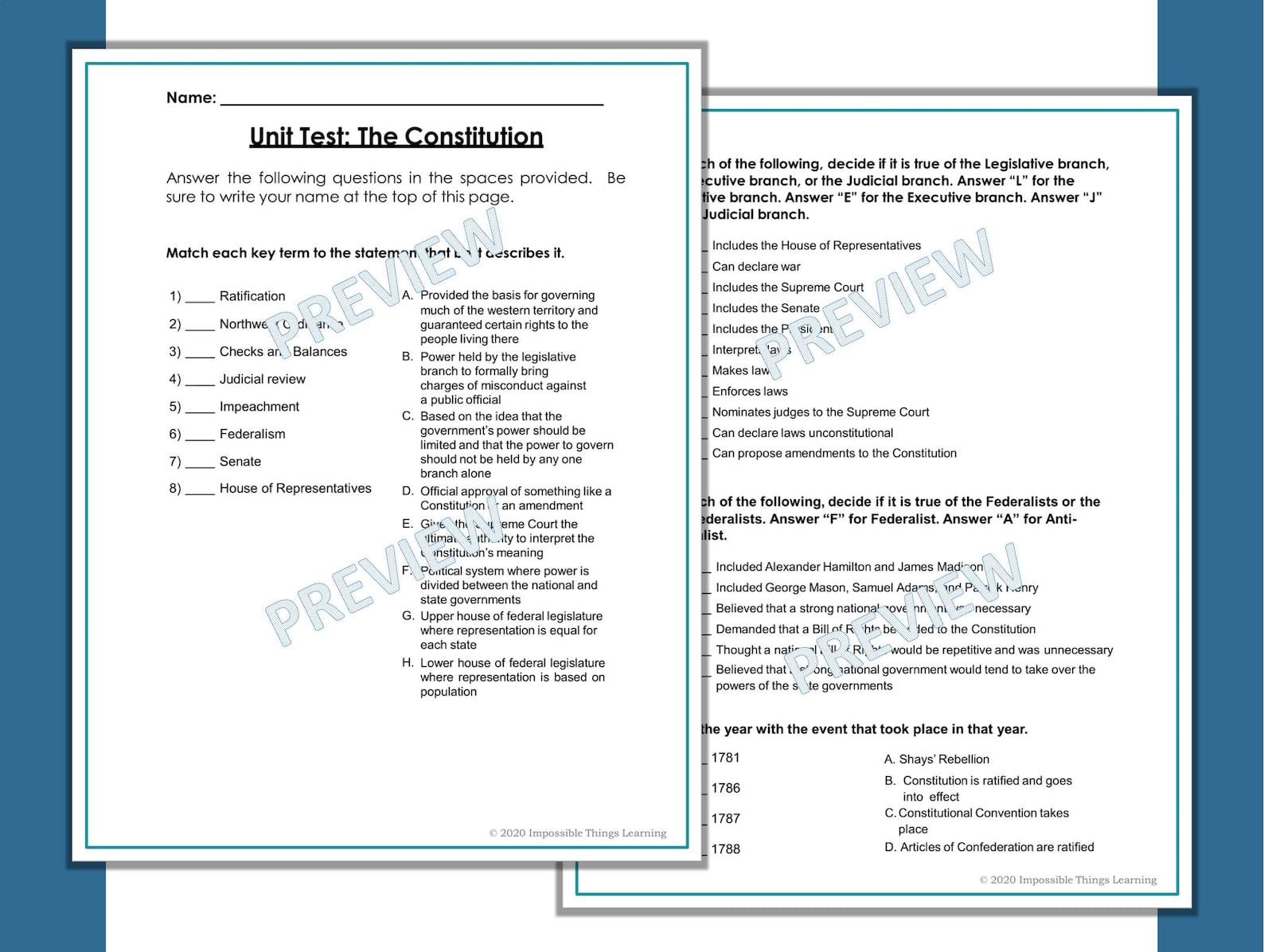 U.S. History Constitution Test, Fully Editable US History Test, Social ...