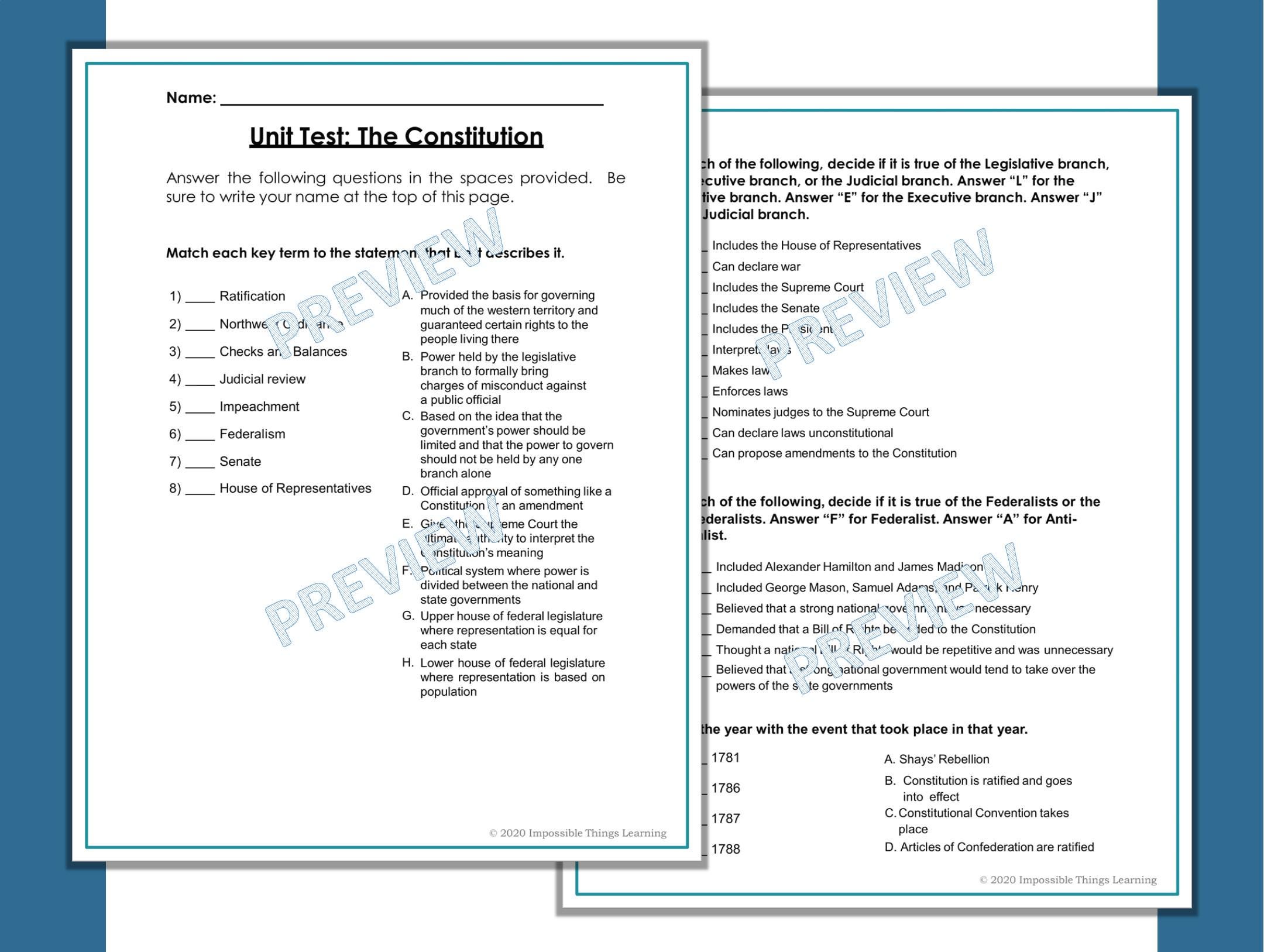 U.S. History Constitution Test: Fully Editable Assessment With Study ...