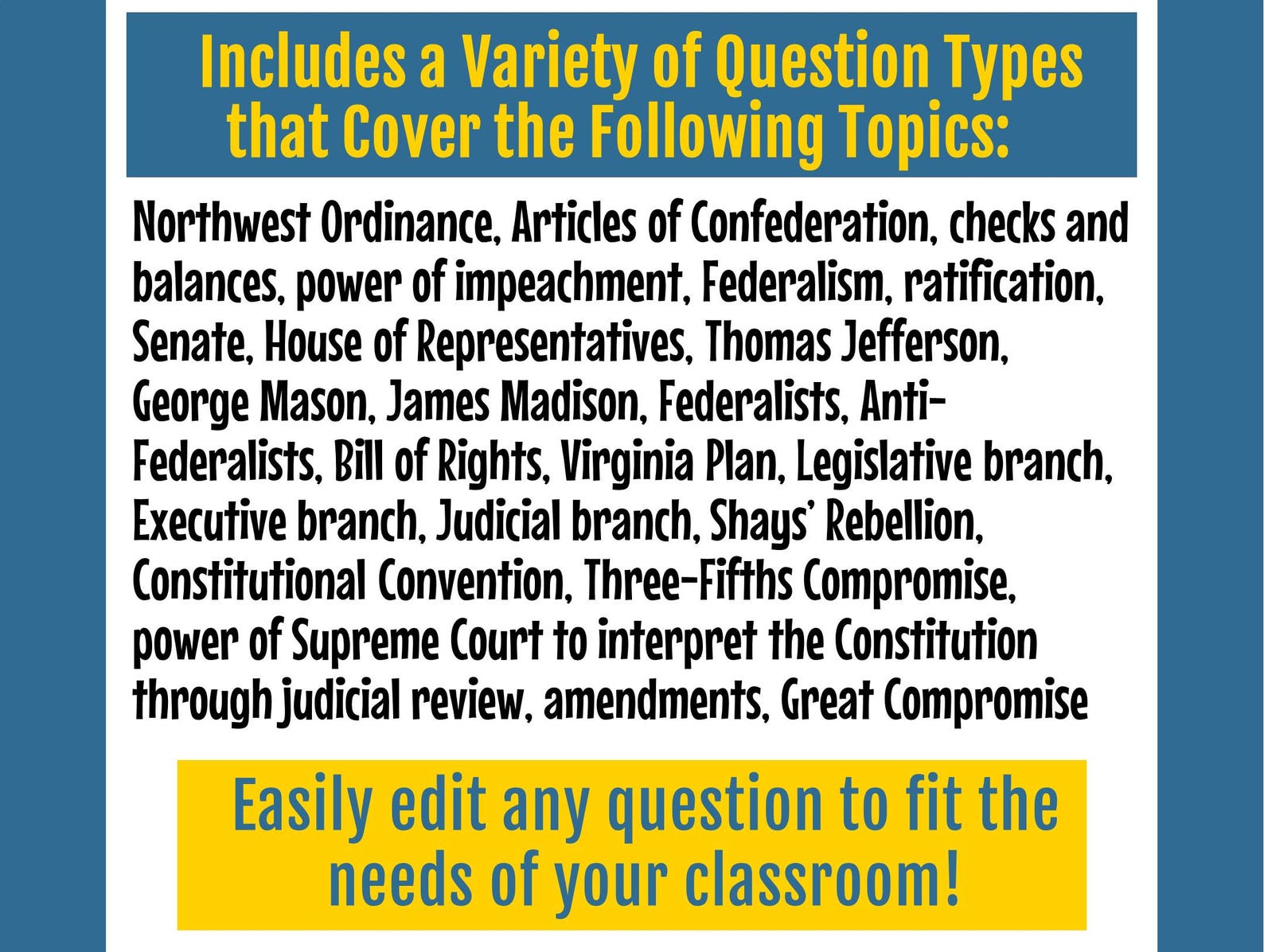 U.S. History Constitution Test, Fully Editable US History Test, Social ...