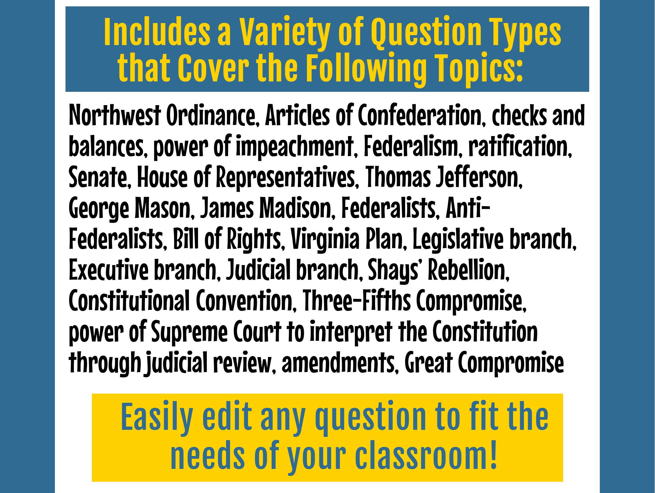 U.S. History Constitution Test, Fully Editable US History Test, Social ...