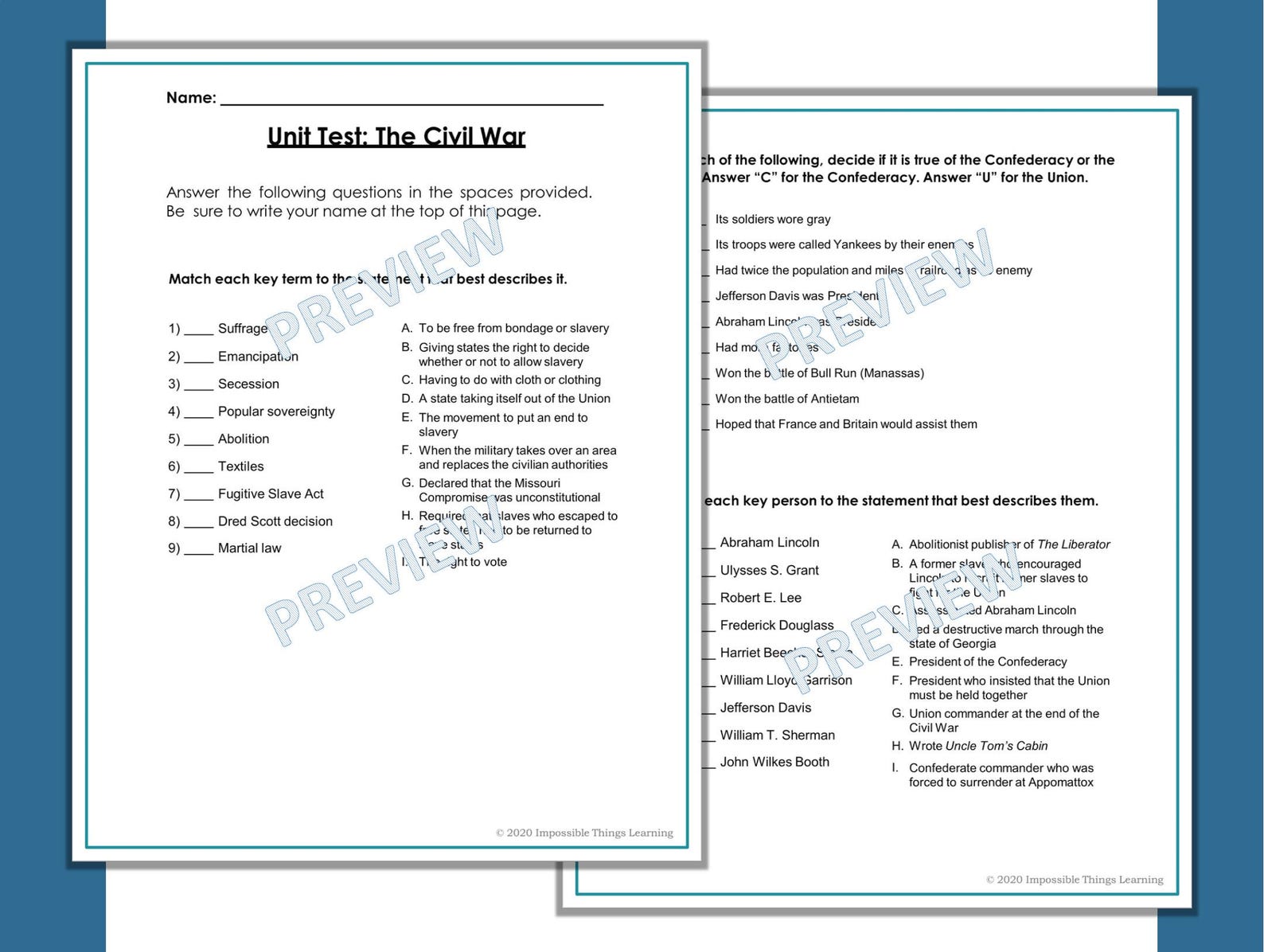 U.S. History Civil War Test, Editable US History Test, American Civil ...