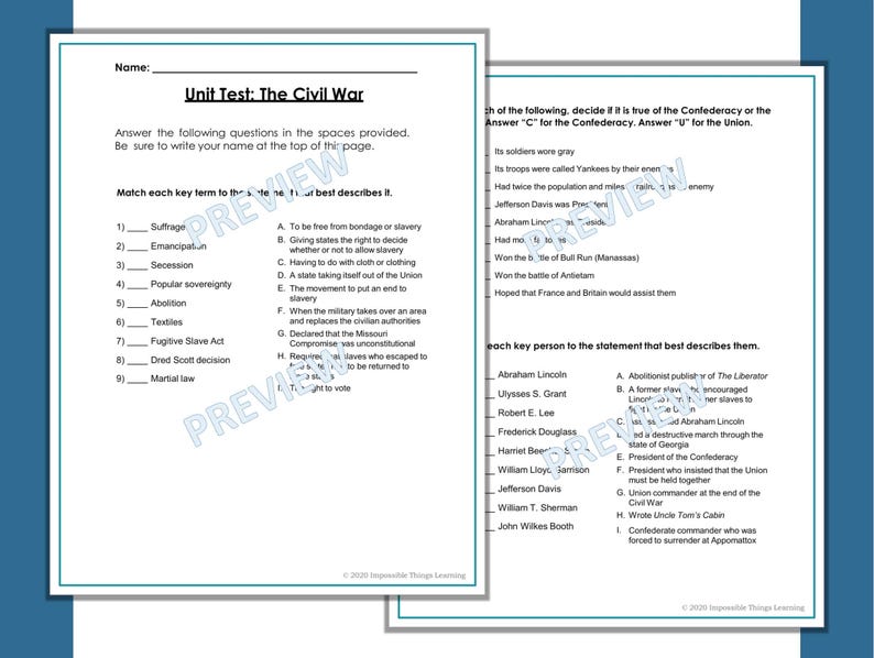 U.S. History Civil War Test, Editable US History Test, American Civil ...