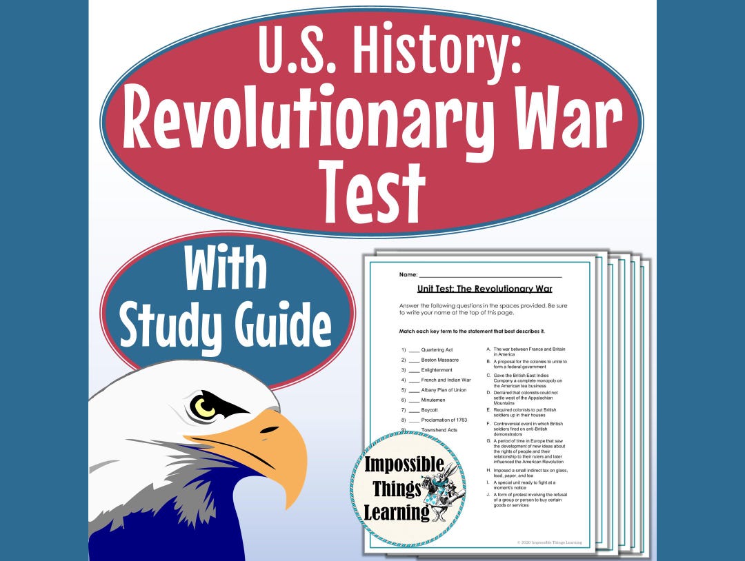 U.S. History Revolutionary War Test, American War of Independence Test ...