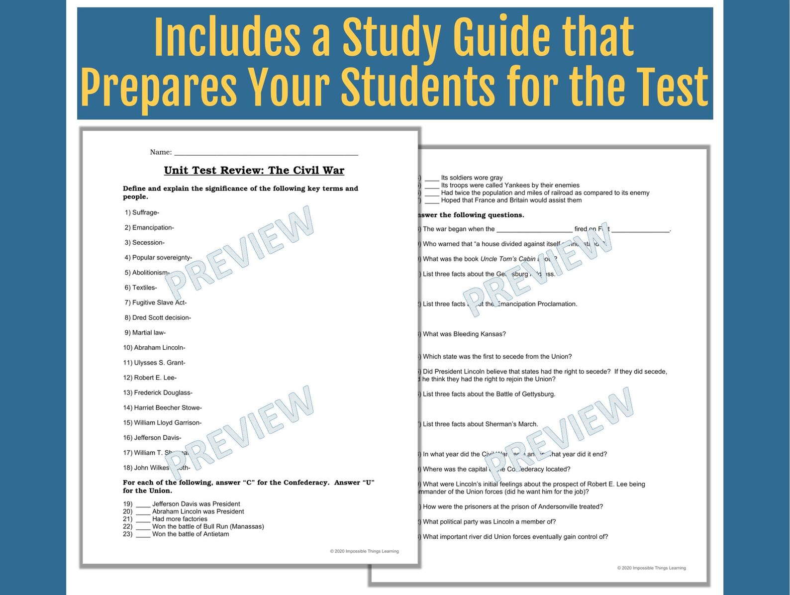 U.S. History Civil War Test, Editable US History Test, American Civil ...