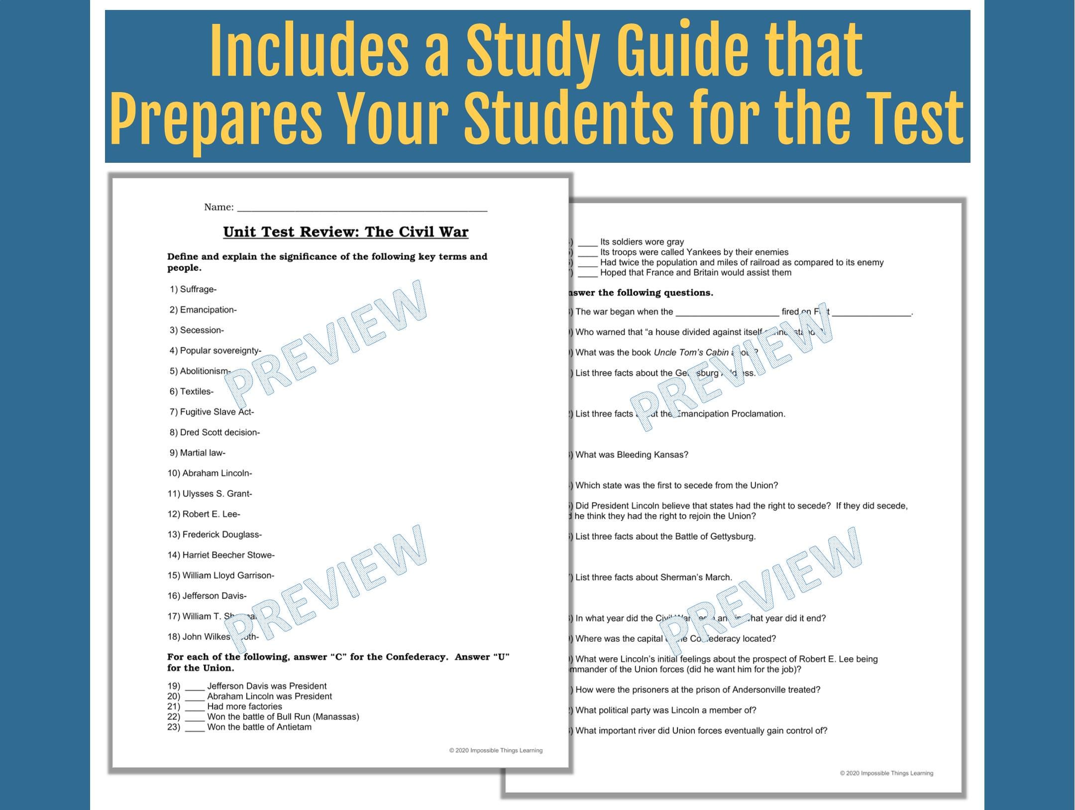 U.S. History Civil War Test, Editable US History Test, American Civil ...