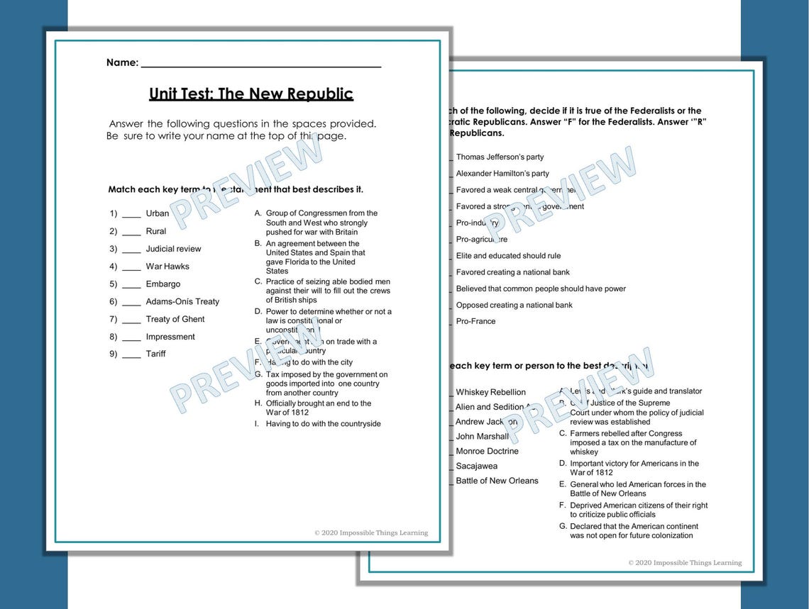 U.S. History New Republic Test, Editable US History Test, Social ...