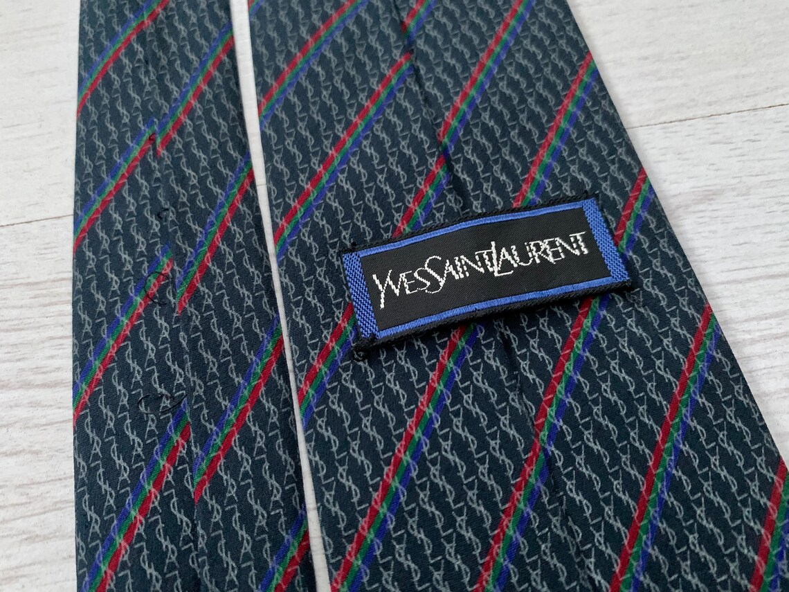 Yves Saint Laurent YSL Silk Tie Logo Monogram Necktie Blue Striped AUTH ...