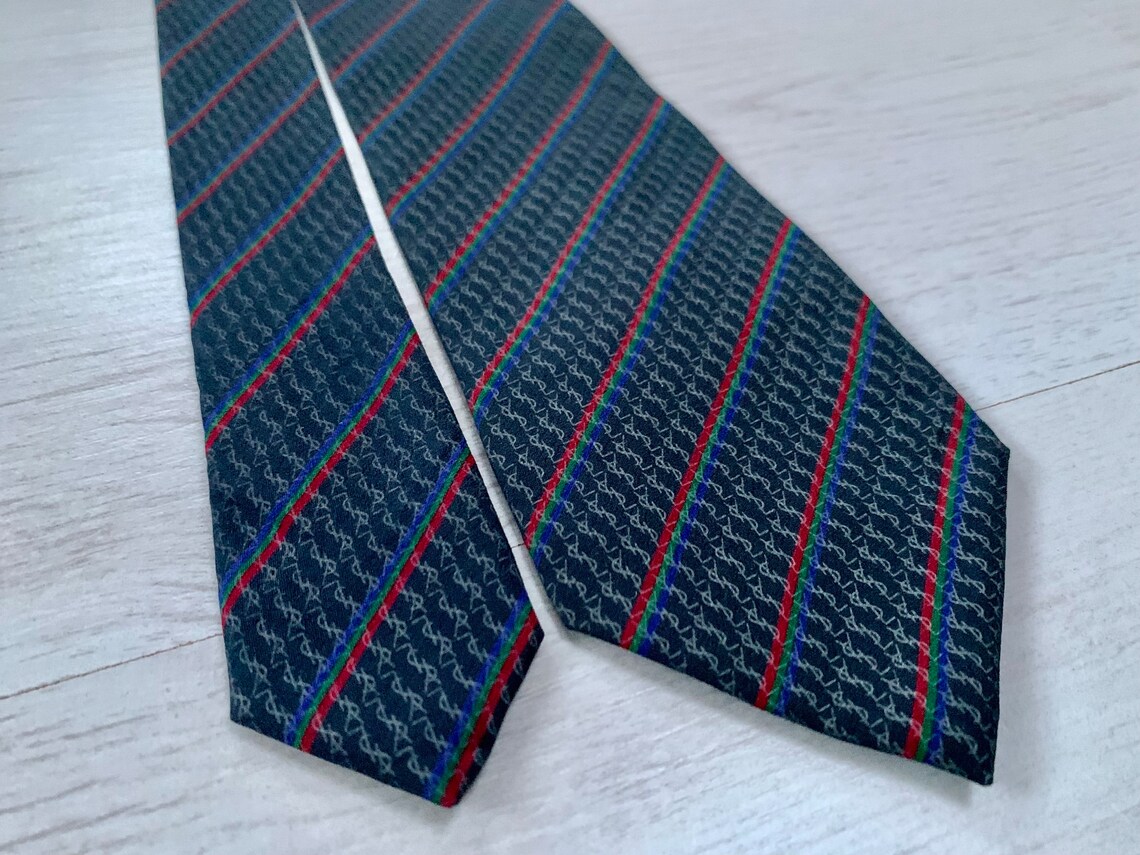 Yves Saint Laurent YSL Silk Tie Logo Monogram Necktie Blue Striped AUTH ...