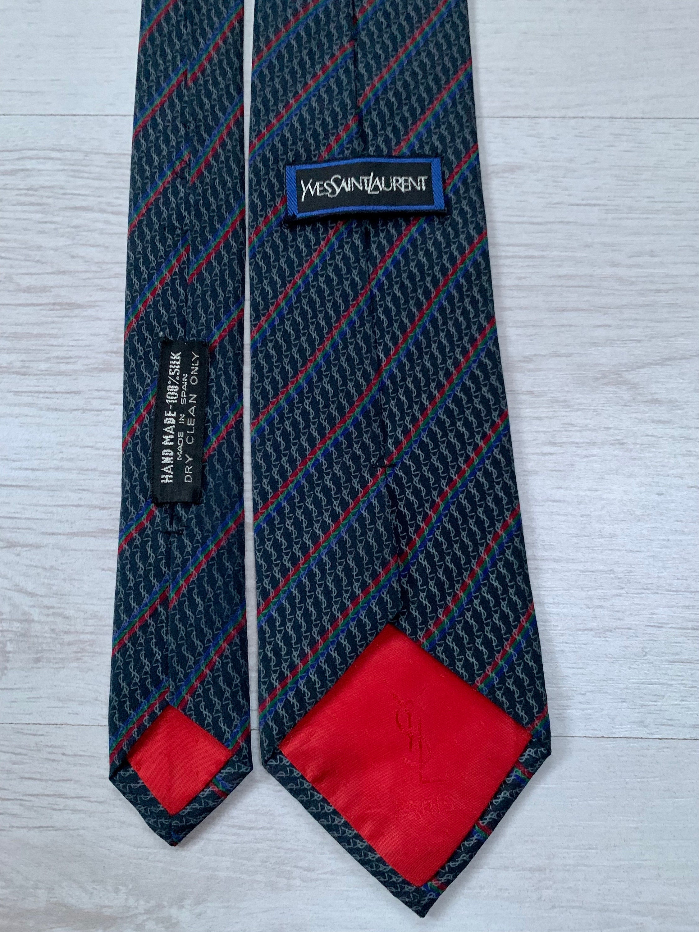 Yves Saint Laurent YSL Silk Tie Logo Monogram Necktie Blue Striped AUTH ...