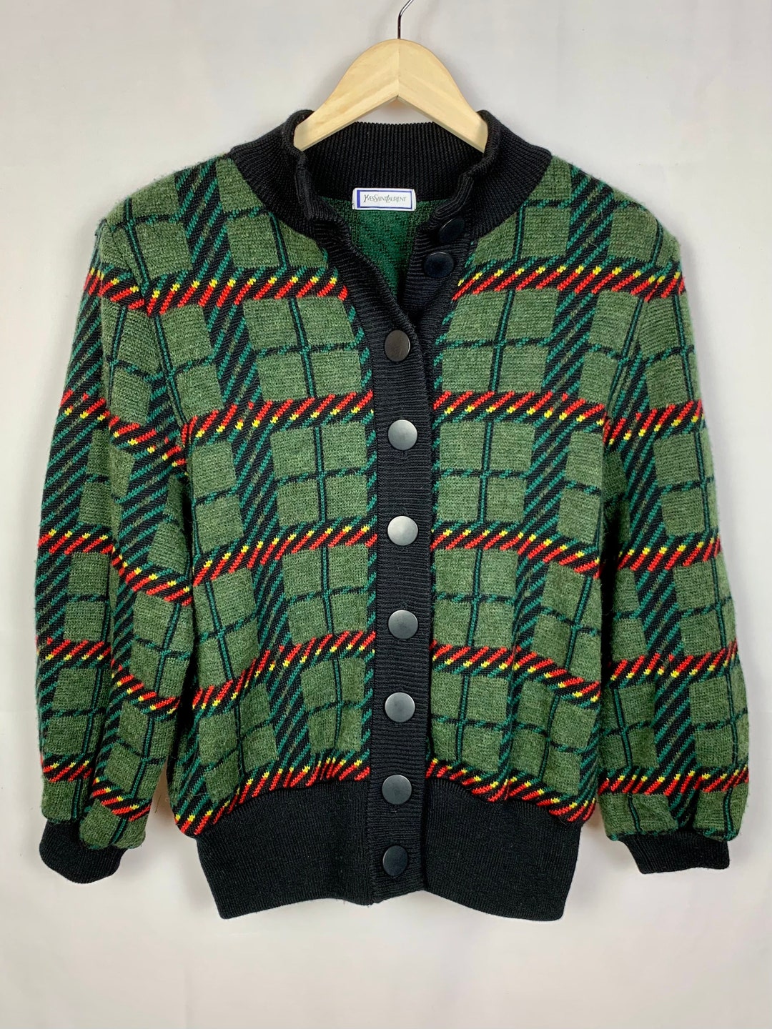 Yves Saint Laurent YSL Wool Cardigan Sweater Jumper Green Logo Check ...