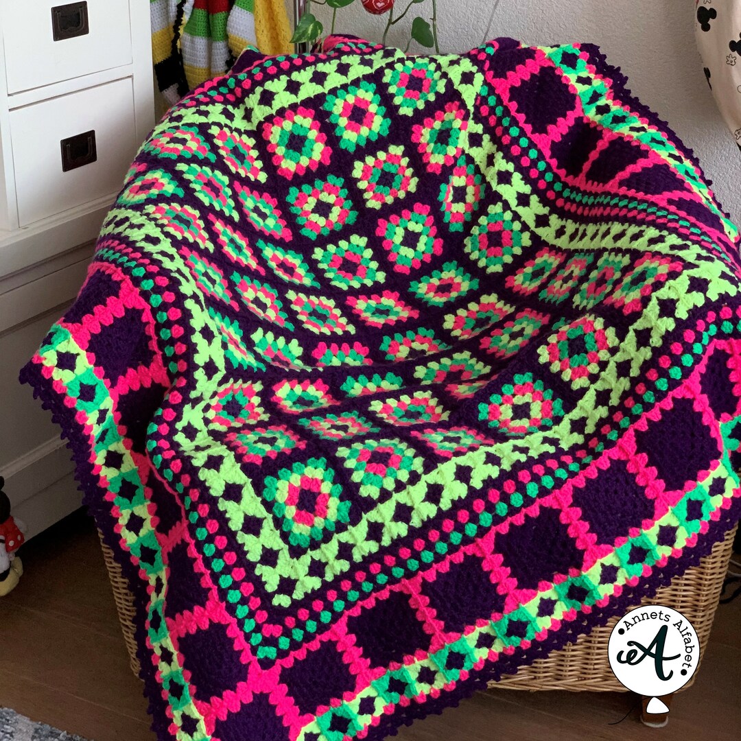 Crochet Pattern Granny Square Neon Blanket, Granny Squares, Granny ...