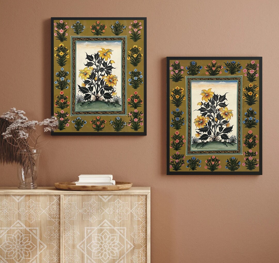 Flower Painting, Set of 2 Miniature Painting on Paper Sheet, Wall Decor ...