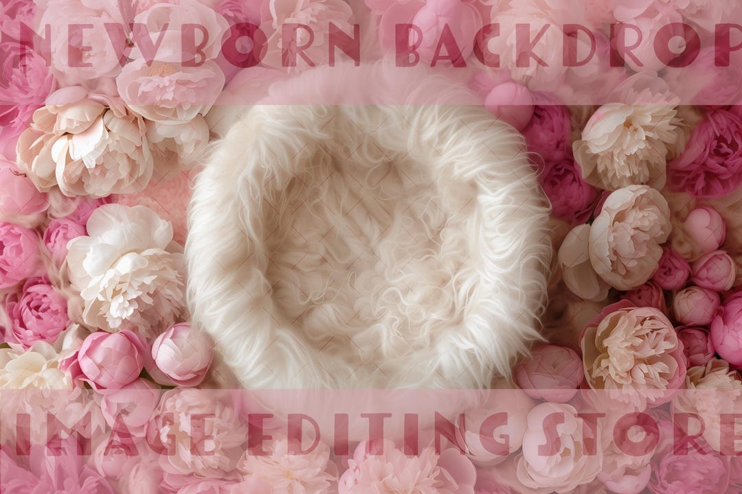 Newborn Digital Floral Backdrop, Fur Crib, Pink Peonies (digital ...