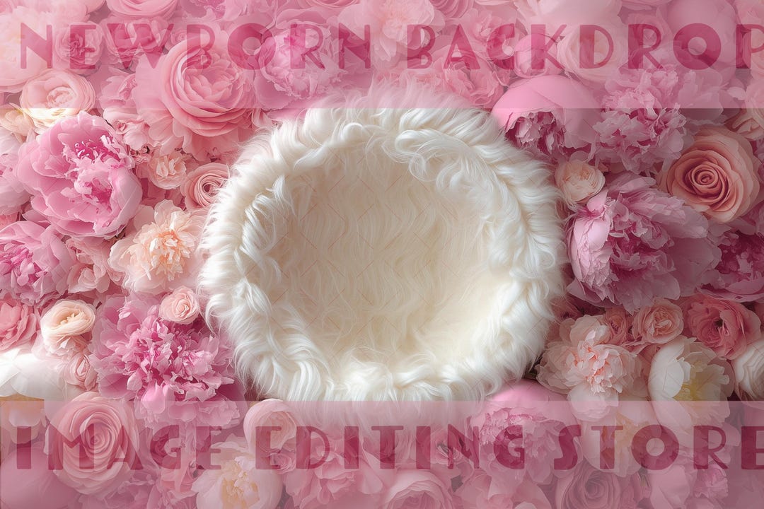 Newborn Digital Floral Backdrop With Fur Crib Pink Pastel Peonies Roses ...