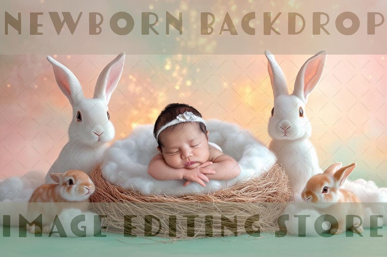 Newborn Digital Backdrop With Bunny Family, Cozy Basket Scene, Pastel ...