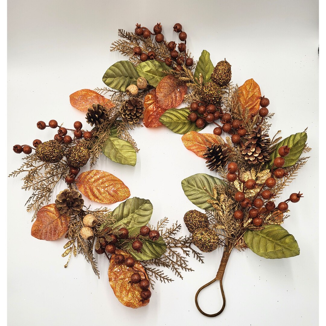 Fall 4ft Garland Rustic Decor Rustic Green Leaves Brown Pine Cones Gold ...