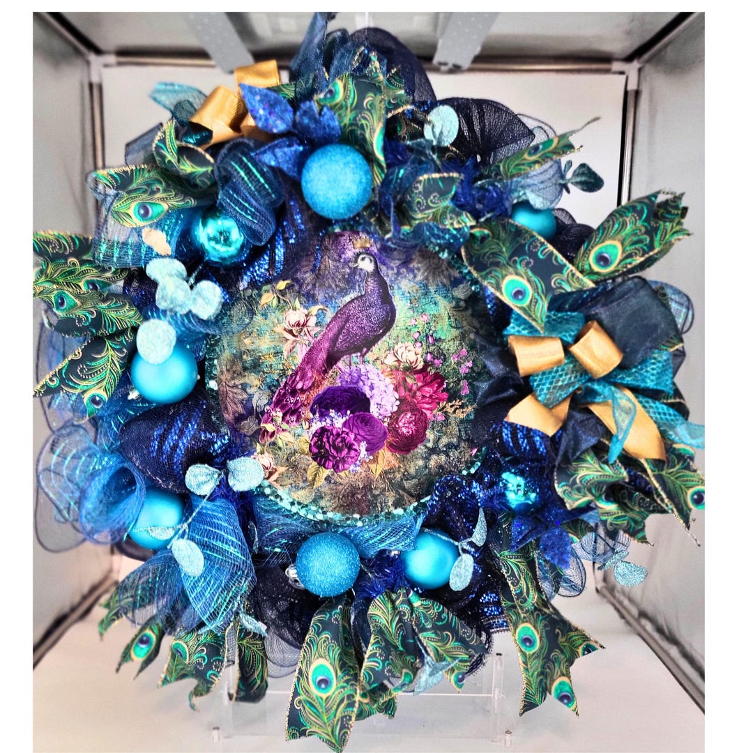 Peacock Wreath Large, Pretty Deco Mesh Peacock Wreath With Beautiful ...