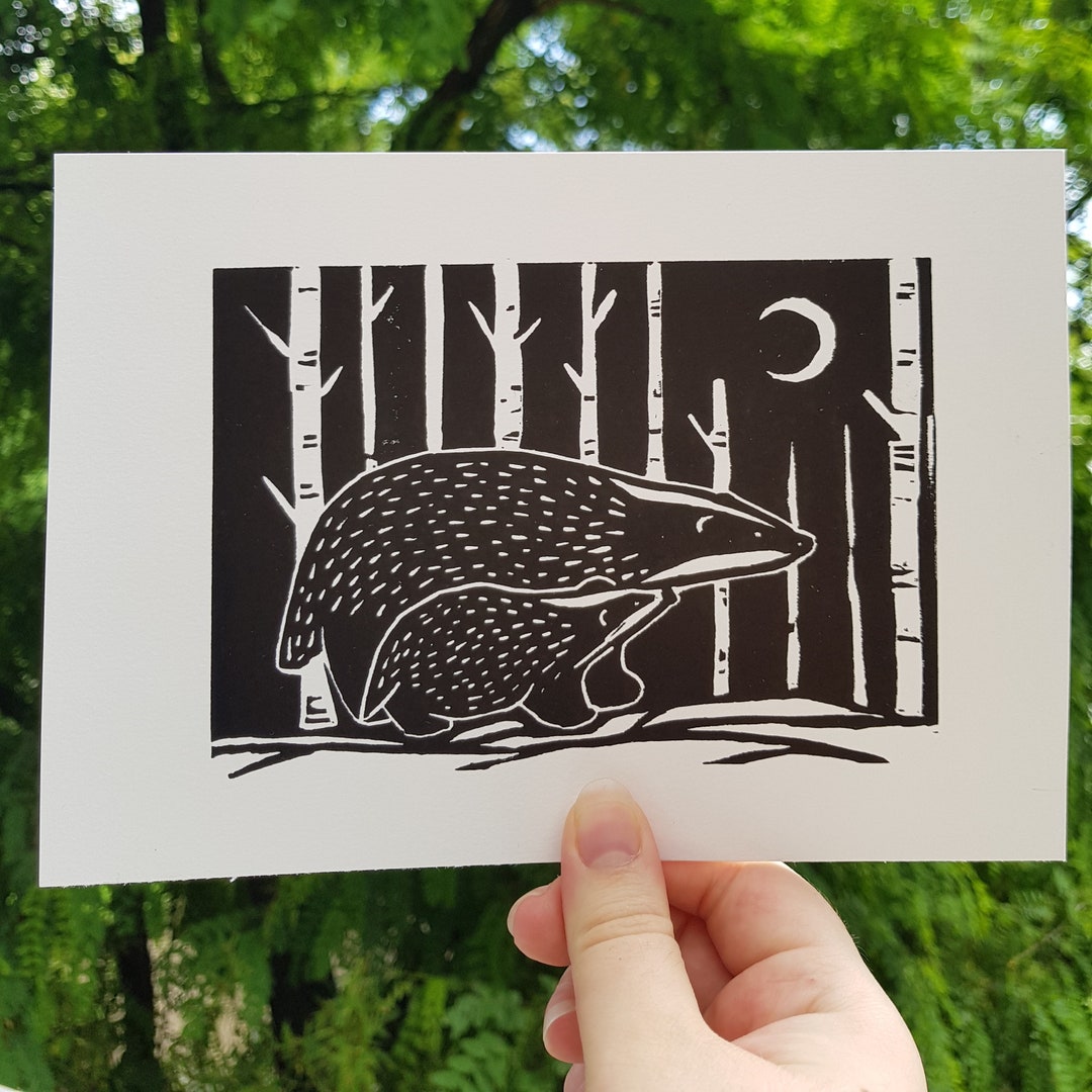 Midnight Badgers A5 Linocut Art imprimé à la main - Etsy France